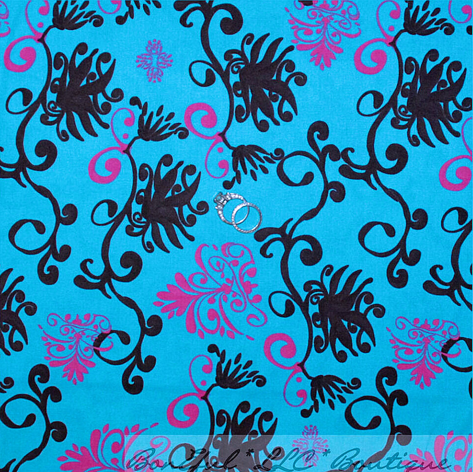 Cotton Fabric BTY Aqua Blue Pink Flower Swirl Brown Ethnic Toile ...